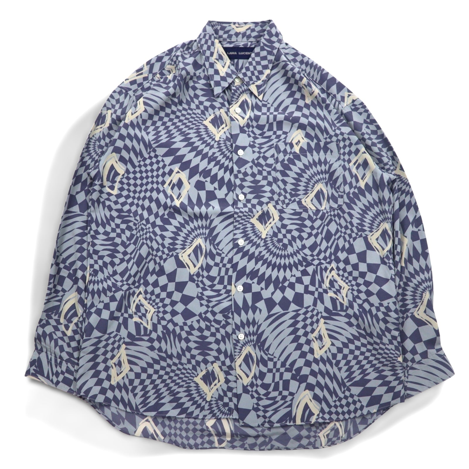 Vintage 90s Japan Made Retro Shirt LAMA LUCENTE 90s patterned poly shirt FREE Blue Geometric ...
