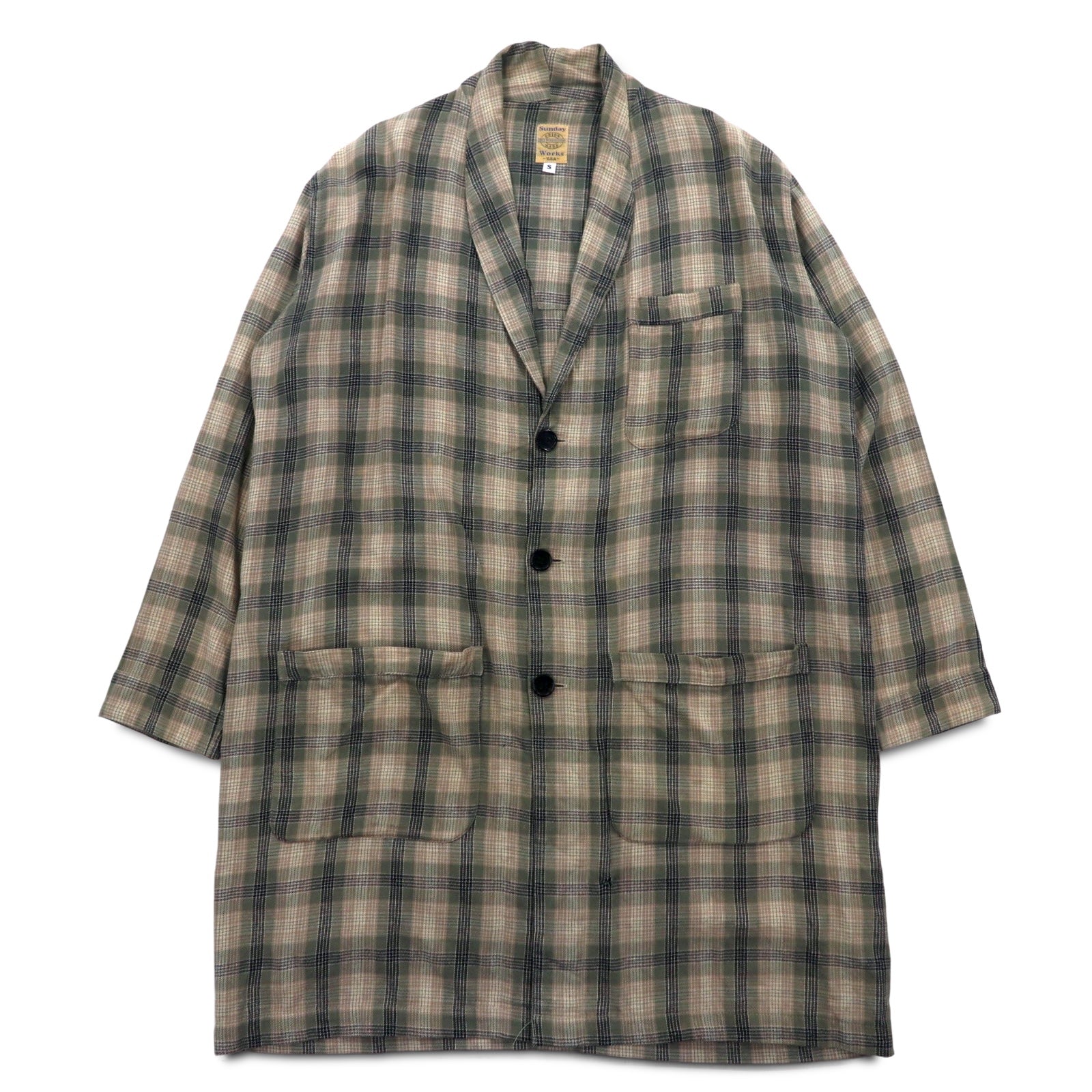 Sunday Works USA Made Gown Coat S Khaki Checked Cotton UNION MADE – 日本然リトテ