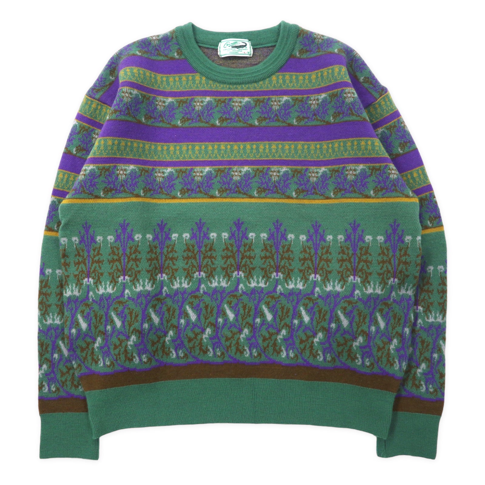 Crocodile 90's Retro Allover Pattern Knit Sweater L Green Wool Floral ...